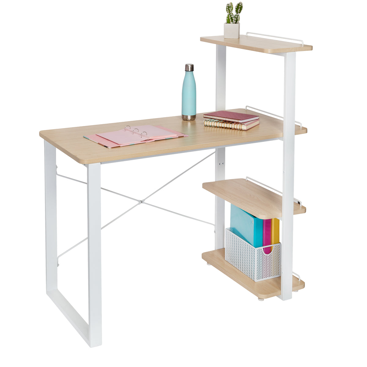 White Natural Home Office Computer Desk with Shelves