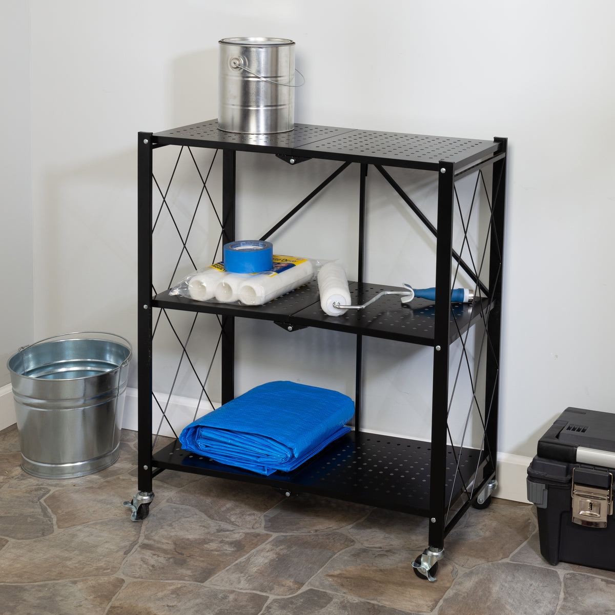 Black Folding 3 Tier Metal Rolling Shelf