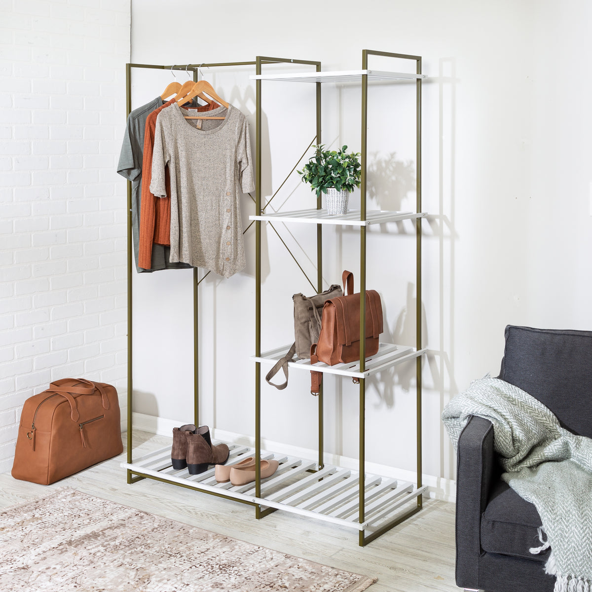 Honey Can Do Freestanding Open Metal Closet Wardrobe Olive and White