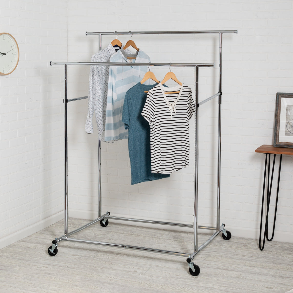 Chrome Dual Bar Adjustable Rolling Clothes Rack