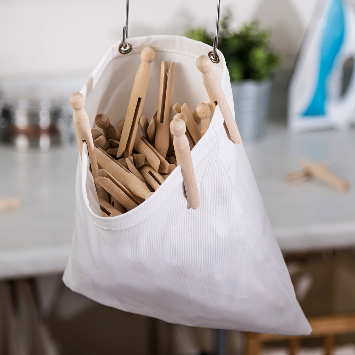 White Cotton Clothespin Bag with Metal Hanger
