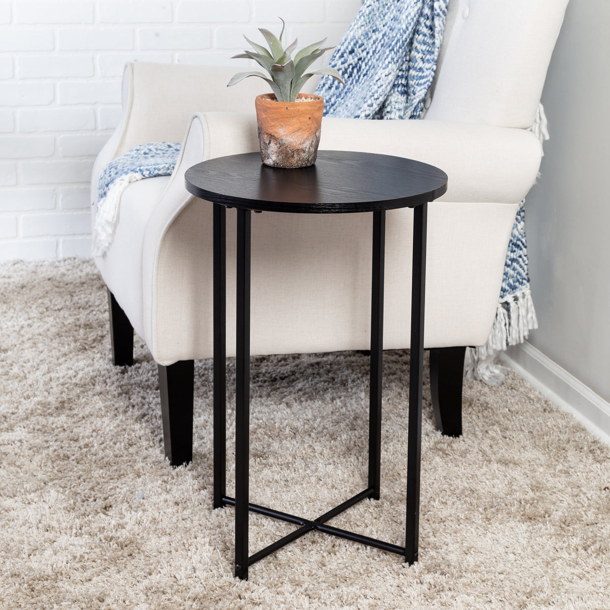 Black Round Side Table with X-Pattern Base